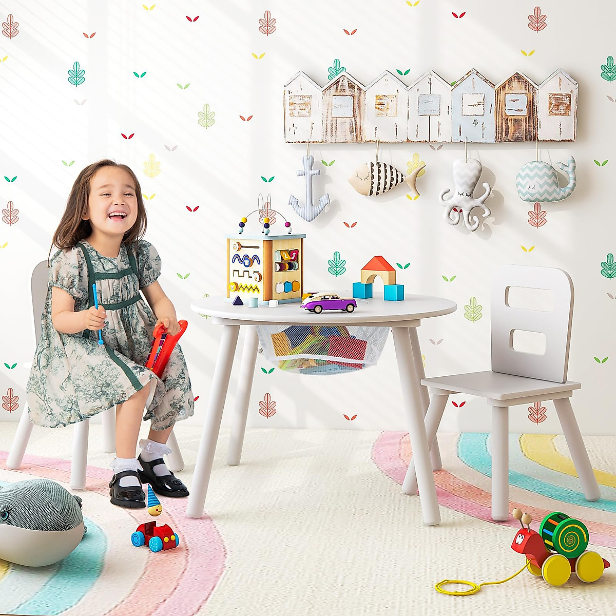 HONEY JOY Kids Table and Chair Set, Wooden Children Activity Table and 2 Chairs for Art & Craft, Storage Mesh Basket, 3-Piece Toddler Furniture Set for Daycare & Playroom, Gift for Boys Girls (White)