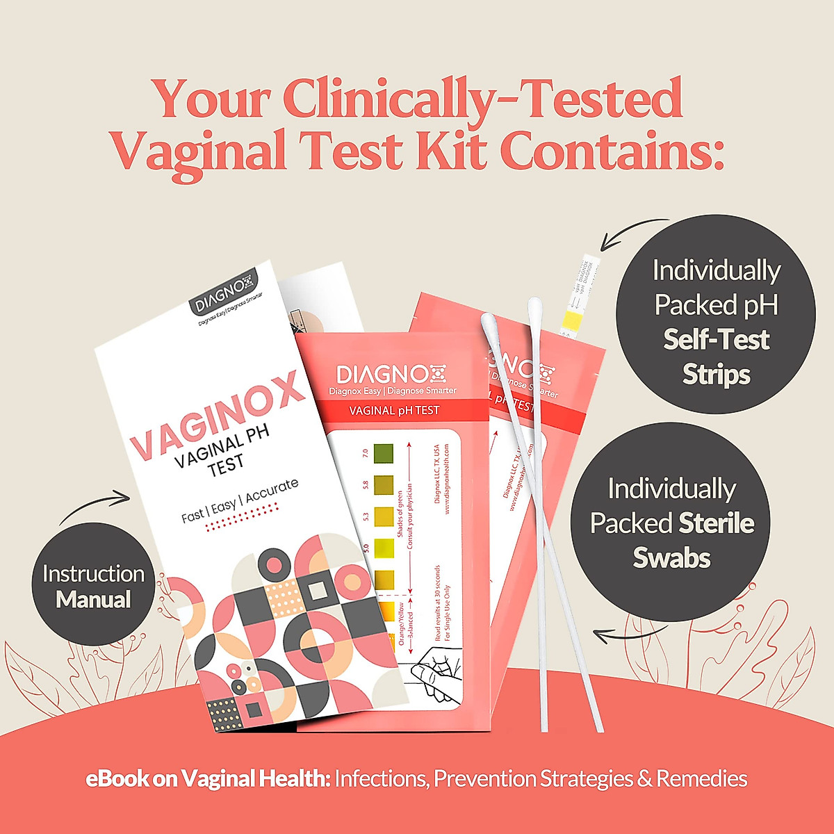 Vaginal PH Test Kit with Sterile Swabs and eBook - Vaginal PH Balance and Yeast Infection Test - Individually Packed BV Test Strips for Women - FSA HSA Approved Feminine PH Test Strips (10)