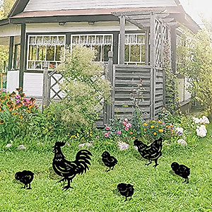 6Pcs Chicken Yard Art Garden Metal Statue Decor, Lifelike Rooster Hen Animals Stakes Outdoor Decorations, Black Hollow Out Chickens Family Silhouette Sets for Farmhouse Pathway Lawn (B)