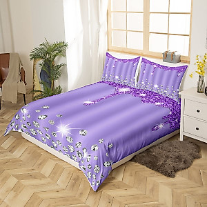 Silver Glitter Print (No Glitter) Bedding Set Bling Party Decorations Purple Comforter Cover for Girls Diamond Jewelry Duvet Cover Bedspread Cover Quilt Cover Full