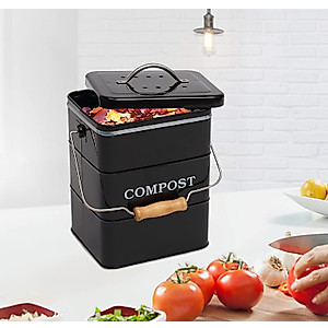 Compost Bin Kitchen Countertop Indoor Compost Pail Bucket, Great for Food Scraps, Carbon Steel, Handles, Black, 1 Gallon - Includes Charcoal Filter