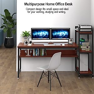 NSdirect 60" Large Computer Desk with 4 Tier Storage Shelves, Office Desk Computer Table Studying Writing Drawing Modern Desk for Home Workstation with Bookshelf and Tower Shelf, Red
