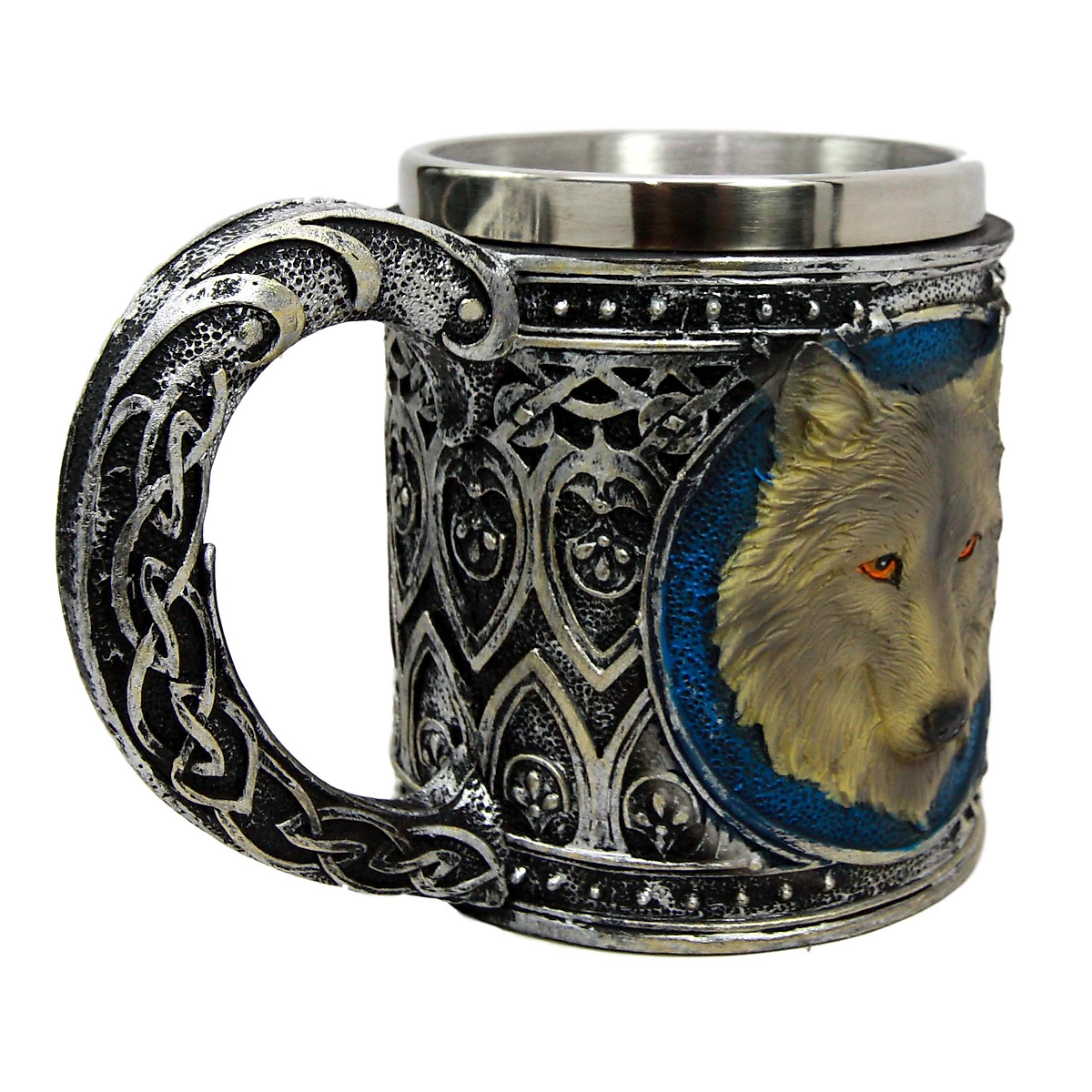 Ebros Gift Alpha Gray Wolf Celtic Tribal Magic Resin 16oz Mug With Stainless Steel Rim Figurine For Coffee Tea Cereal Drinks Halloween Party Hosting Kitchen Dining Decor Of Wolves Timberwolf Direwolf