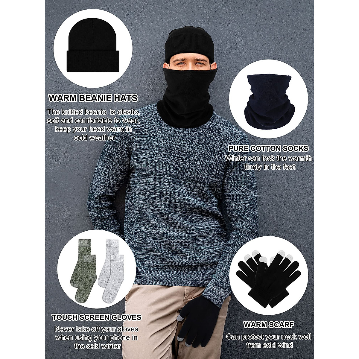 48 Pack Winter Warm Beanie Hat Neck Warmer Set for Men Women Knitted Hat with Winter Touchscreen Gloves Neck Gaiter Warm Sock for Winter Wearing Homeless Care Charity Donation Multicolor