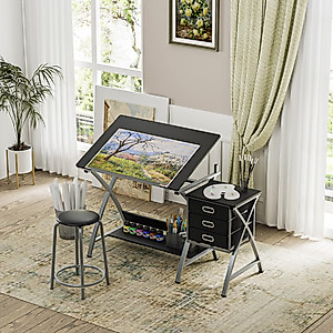 ZENY Drafting Table and Stool Set Tabletop Tilted Drawing Table Drafting Desk w/Drawers Artists Workstation, Art Craft Supplies