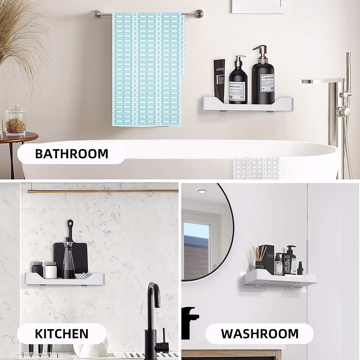 Adhesive Shower Caddy, No Drilling Bathroom Caddy Wall Mounted Shower Organizer Large Capacity Separable Shower Rack Wall Floating Shelf for Bathroom and Kitchen (White)