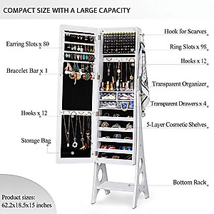 YOKUKINA Mirror Jewelry Cabinet Standing, Large Storage Jewelry Armoire, Full-Length Frameless Mirror with Jewelry Storage, 12 LED Lockable Standing Jewelry Organizer (White)
