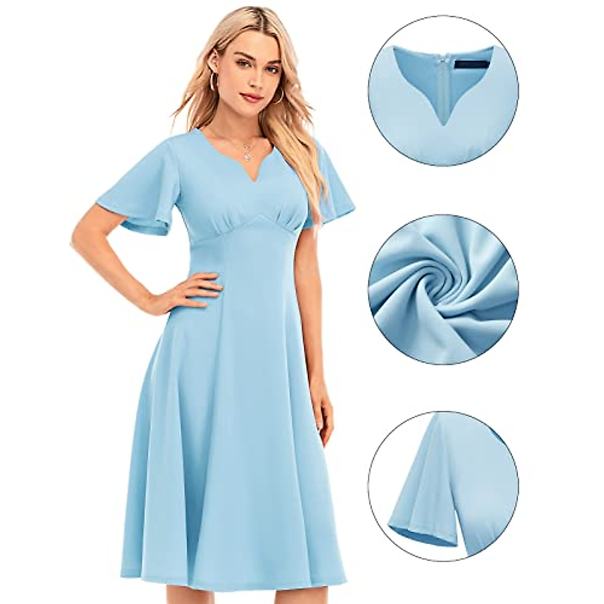 Church Dress Fit and Flare Modest Tea Party Dresses for Women, Tea Length Prom Graduation Homecoming Dress for Junior Teen, Semi Formal Wedding Guest Dress, Aline Cocktail Party Dress Blue L