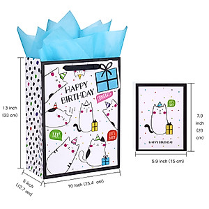 WRAPAHOLIC 13" Large Birthday Gift Bag with Card and Tissue Paper - Adorable Cat Design Happy Birthday