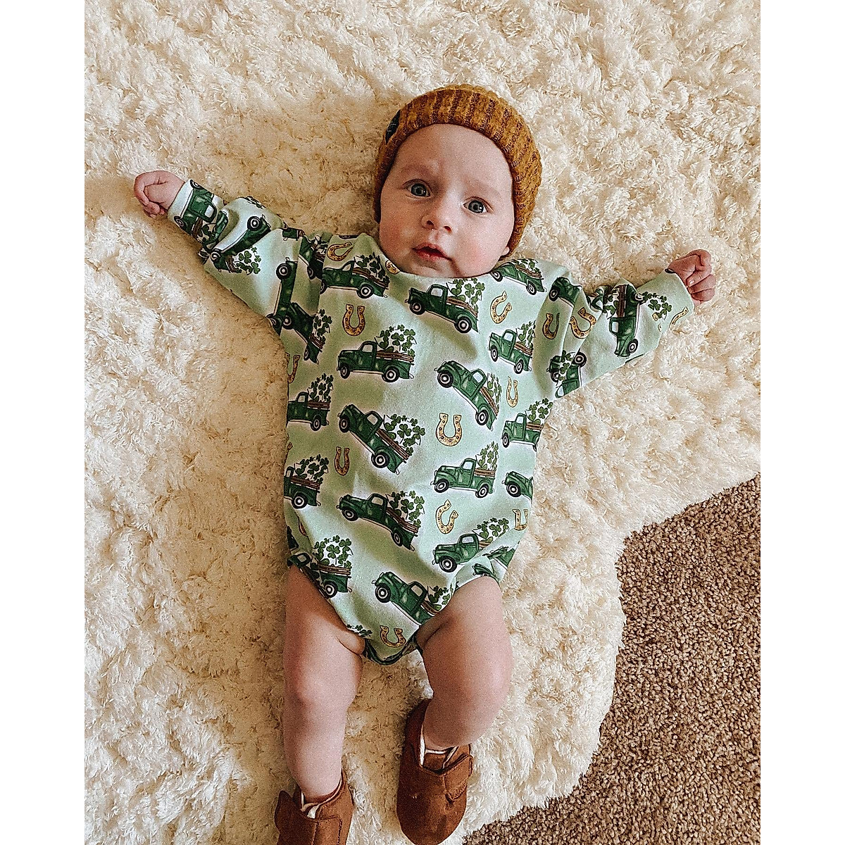 Lamuusaa Newborn Baby Girl Boy St. Patricks Day Outfit Green Clover Romper Sweatshirt Oversized Shirts Spring Clothes (Green Car, 0-3 Months)