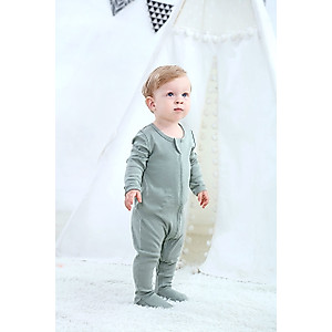O2 BABY Baby Boys Girls Organic Cotton Zip Front Sleeper Pajamas, Footed Sleep 'n Play（0-3 Months, Sage）