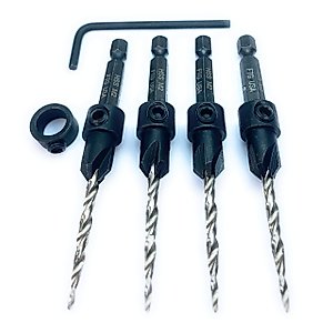 FTG USA Countersink Drill Bit Set 4 Piece Same Size #6 (9/64") Countersink Drill Bit with 12 Replacement Tapered Countersink Bits #6 (9/64") 1 Depth Stop Collar, 2 Hex Wrench