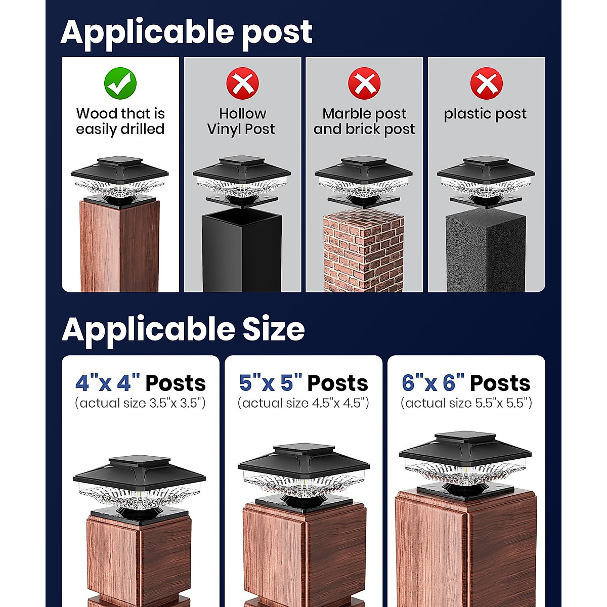 6 Pack Solar Post Cap Lights,[NOT Hollow Post],Bright White Solar Post Lights Outdoor Waterproof Fence Post Cap Lights, Outside Post Lights Solar Powered Deck Lights for 4x4 5x5 6x6 Wood Posts