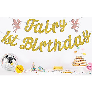 Fairy 1st Birthday Banner, Cute Fairies 1st Birthday Party Decorations, Flower Fairy Girl Happy First Birthday Anniversary Baby Shower Party Supplies Gold Rose Gold