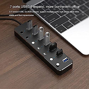 CUJUX Aluminum 7-Port USB 3.0 Hub 120cm Cable Sub-Control Switch 5Gbps LED Indicator HUB Chargeable Splitter for Multi USB Devices (Color : Black)