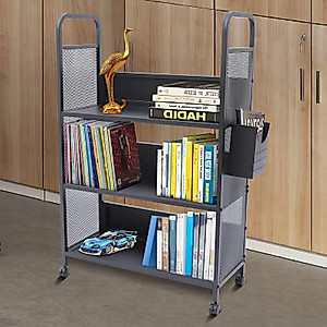 DDBESSIC Rolling Book Cart, 3 Tier Book Rack Storage Bookshelf with 3 Flat Shelves, Movable Bookcase with Wheels Utility Organizer Cart Side Literature Rack
