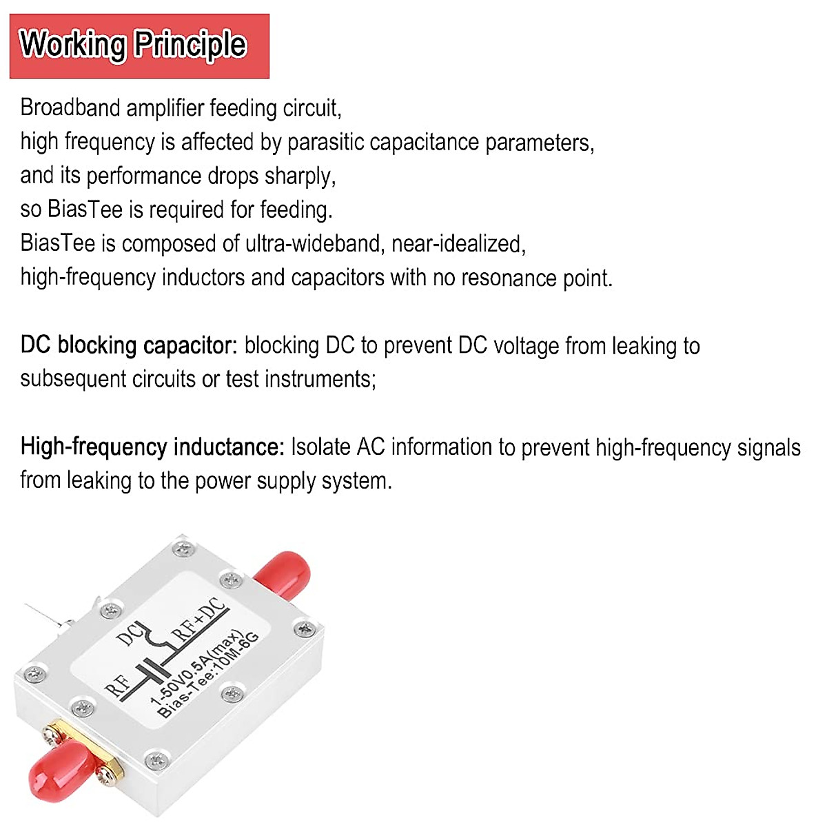 Bias Tee,10MHz-6GHz Bias Tee Broadband Radio Frequency Microwave Coaxial Bias Low Noise Amplifier Module.