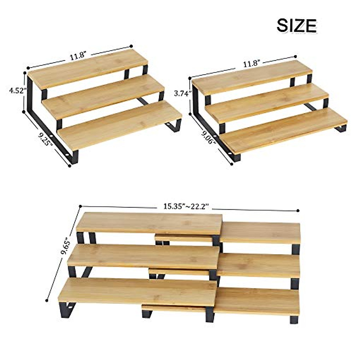 MOOACE 3 Tier Expandable Spice Rack Set, (15.35"-22.2" L) Large 4 Pack Step Shelf Organizer for Cabinet Countertop Pantry Cupboard