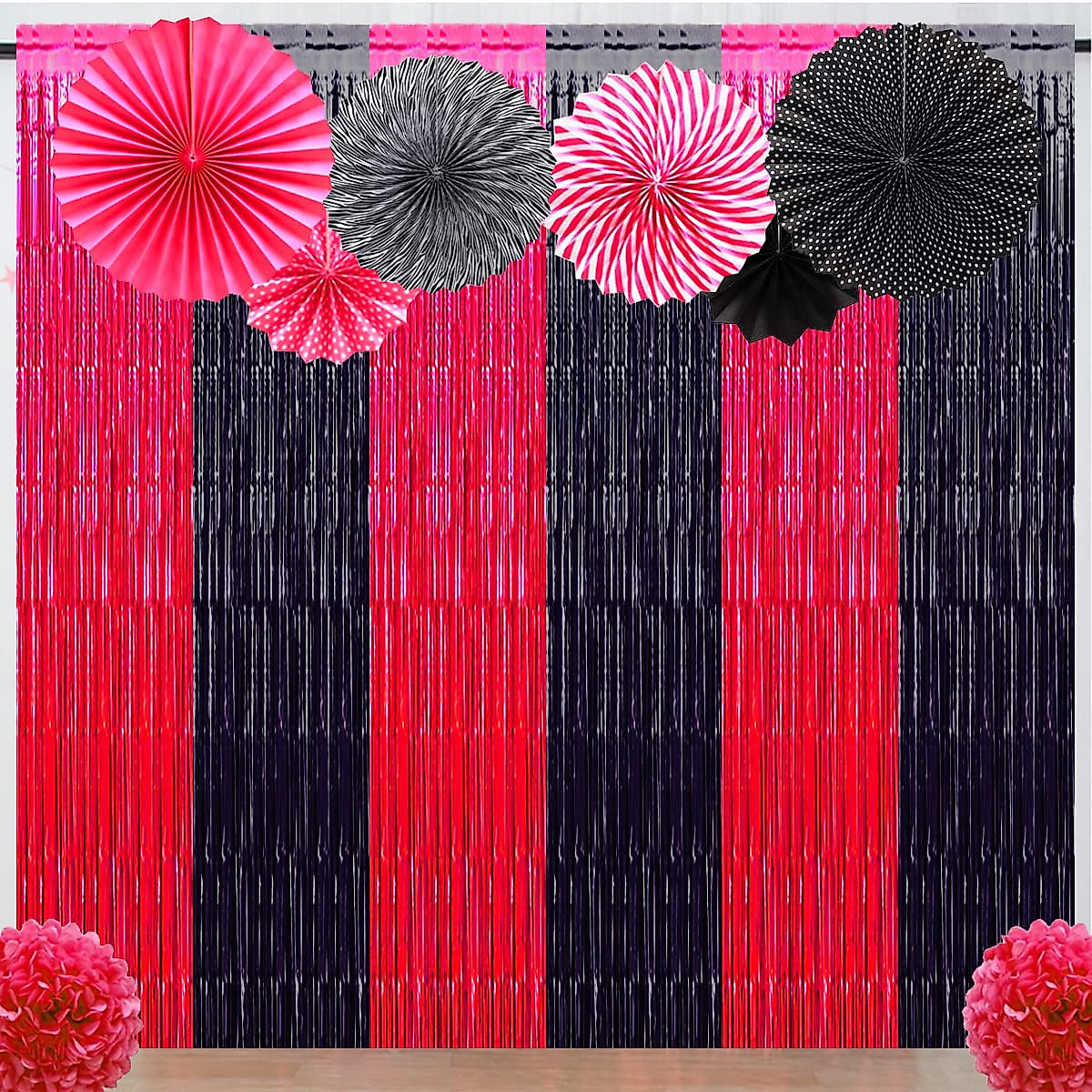 Hot Pink Backdrop Curtain, Black and Hot Pink Birthday Decorations Hot Pink Black Backdrop Wall Streamers for Graduation Girls Women Wedding Bridal Baby Shower Bachelorette Party Decorations (3 Pack)