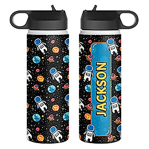 wowcugi Personalized Astronaut Water Bottle Insulated Stainless Steel Sport Bottles 12oz 18oz 32oz Travel Cups Gifts for Astronomy Science Lovers Kids Birthday Christmas Back To School Presents Idea