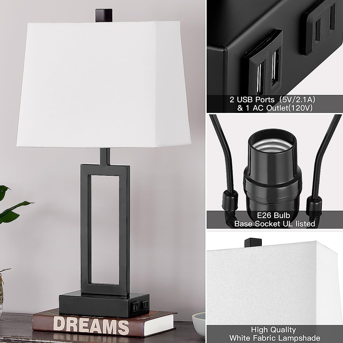 23.5" Touch Control Table Lamps Set of 2, Bedside Lamp with 2 USB Ports & AC Outlet, 3-Way Dimmable Nightstand Lamp with White Linen Shade for Living Room Bedroom End Table Office(2 LED Bulb Included)