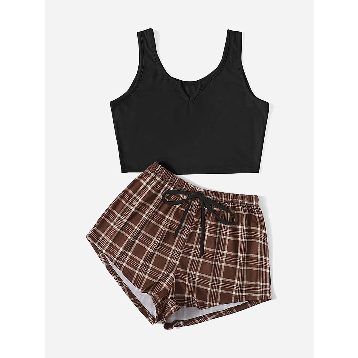 WDIRARA Women's 2 Piece Crop Tank Top and Plaid Drawstring Waist Shorts Pj Set Black and Red M