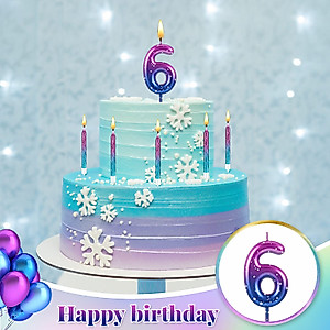 Landhoow 2.36 Inch Birthday Candles Purple to Blue Gradient Candle with 12 Pcs Gradient Spiral Candle for Baby Birthday Cake Topper Anniversary Wedding Party Decor (Number 6)