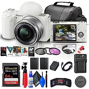 Sony ZV-E10 Mirrorless Camera with 16-50mm Lens (White) (ILCZV-E10L/W) + 64GB Memory Card + Filter Kit + Corel Photo Software + Bag + NPF-W50 Battery + External Charger + Card Reader + More (Renewed)