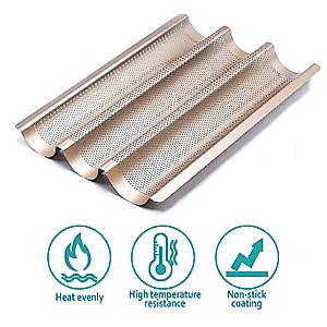Baguette Pans for Baking 15" x 11", Carbon Steel 3 Loaf Nonstick Baguette Baking Tray for French & Italian Perforated French Bread Pan