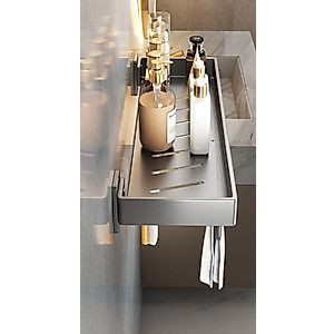 YISMAN Floating Shelves Wall Mounte,with Towel Bar and 5 Hooks, Storage Shelves Organizer for Bathroom, Kitchen, Balcony,Set of 2 (14.96 Grey)