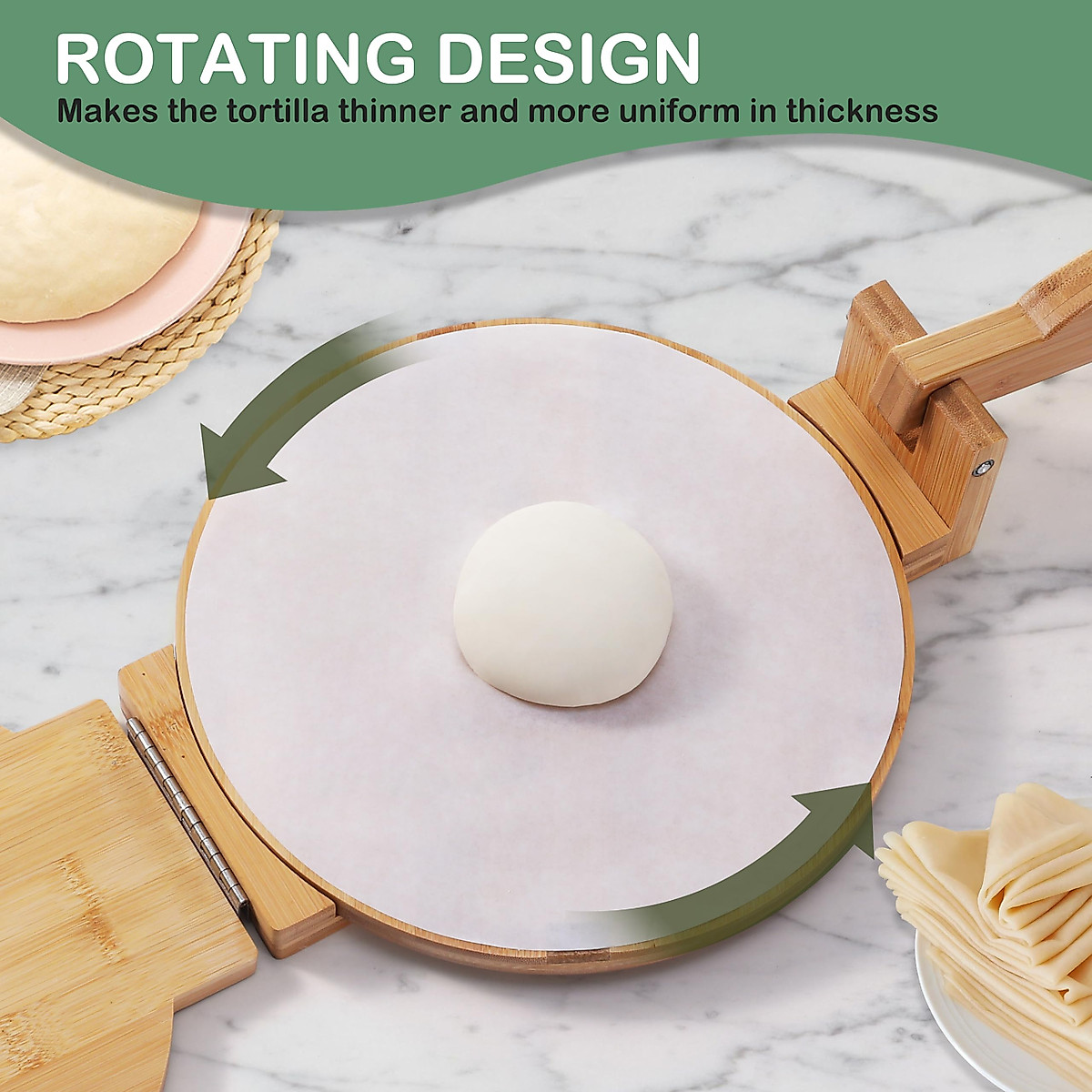 ZUJJAFY Tortilla Press 10 Inch Bamboo Tortilla Maker with 100 Parchment Paper, Mexican Tortillera Presser Homemade Tortillas Pataconera Dough Press