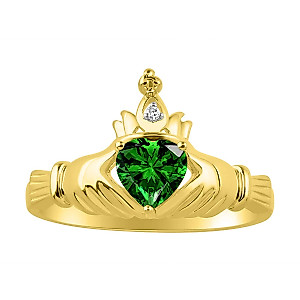 Rylos Rings 14K Gold Plated Silver Claddah Love, Loyalty & Friendship Ring Heart 6MM Gemstone & Diamond Claddagh Rings May Emerald Jewelry Size 7