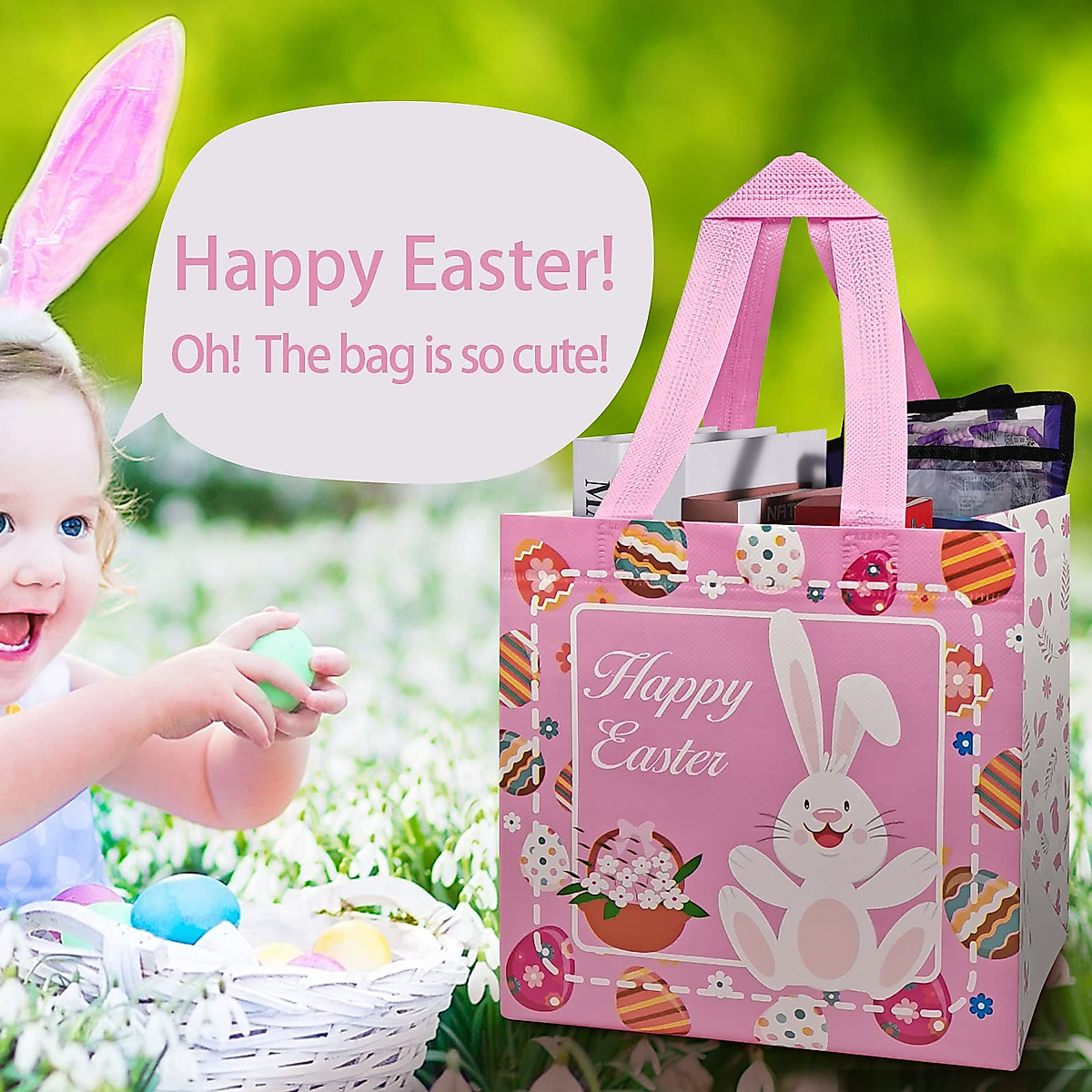Easter Gift Bags 9 Piece, Easter Bags With Handles, Small Easter Egg Hunt Bags, Reusable Non-Woven Easter Tote Party Bags, Easter Goodie Bags Decorated With Rabbits, Eggs