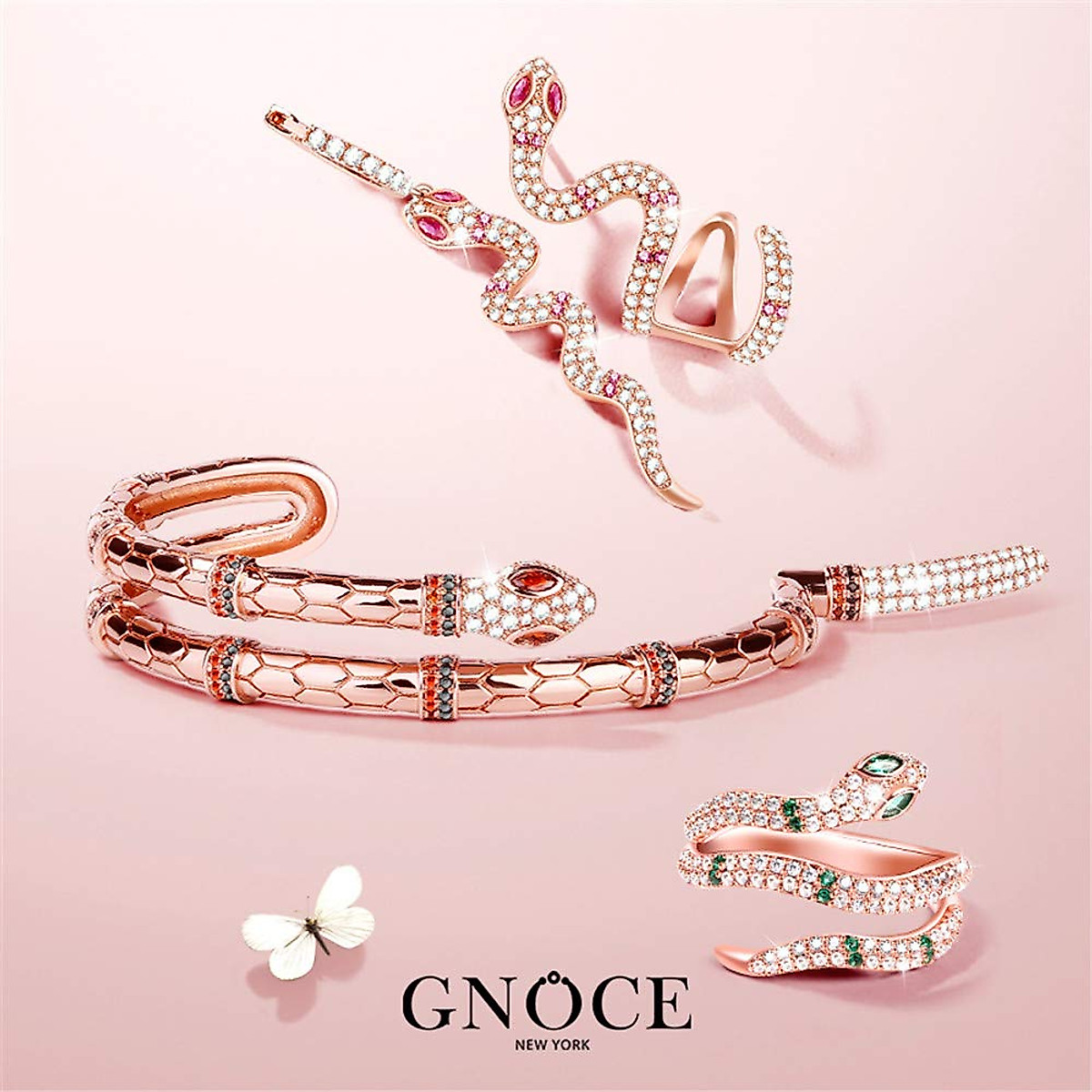 GNOCE "Creative Life Force 18K Rose Gold S925 Sterling Silver Green Snake Ring With Clear Cz Stones Womens Cool Crystal Jewelry Accessories Snake Rings For Women Fashion Rhinestones Rings (8(U.S))