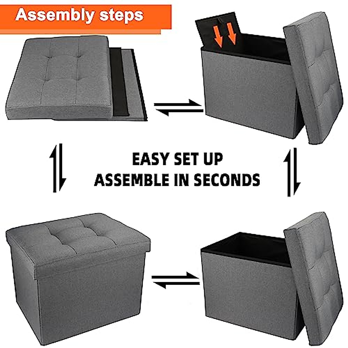 ALASDO Storage Ottoman Folding Rectangle Cube Coffee Table Multipurpose Foot Rest Short Children Sofa Stool Linen Fabric Ottomans Bench Foot Rest for Bedroom L17W13H13inches(Grey)