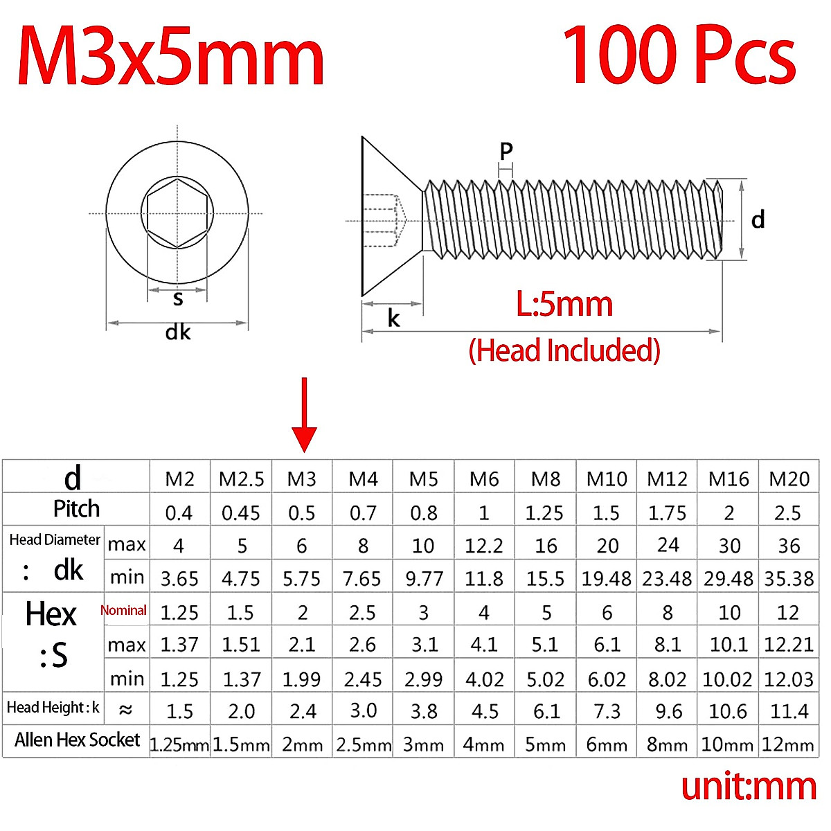 M3-0.5 x 5mm Flat Head Socket Cap Screws Bolts, Stainless Steel 18-8 (304), Bright Finish, Allen Socket Drive,Machine Screws Inner Hex Screw Fasteners Bolts 100 Pcs