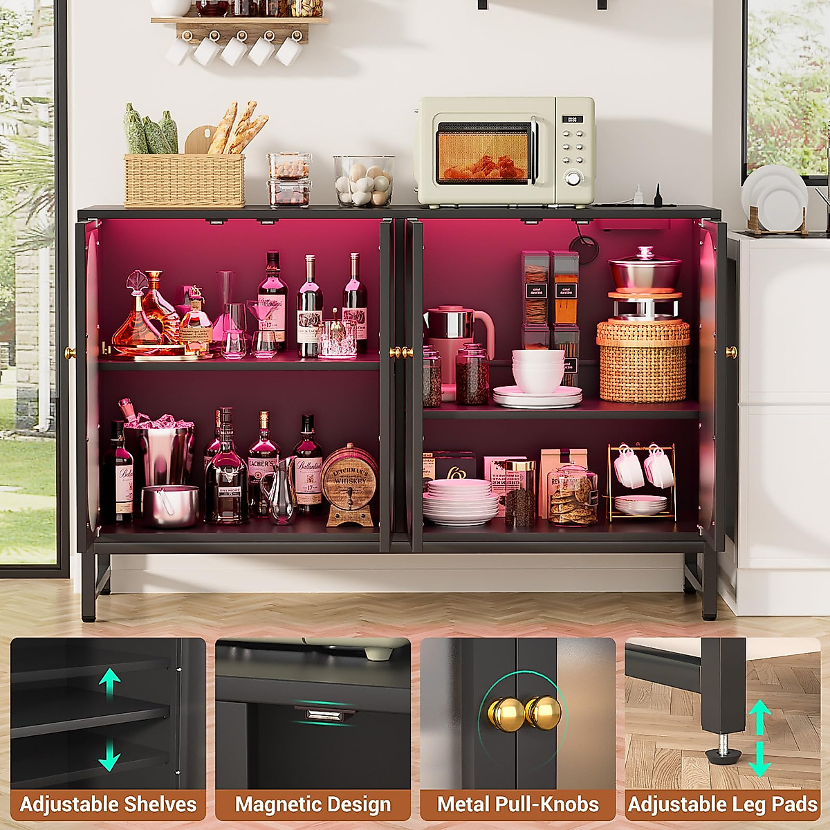 Aheaplus Sideboard Buffet Cabinet with Power Outlet, Kitchen Sideboard Storage Cabinet with LED Light, 4 Doors, Modern Accent Cabinet Coffee Bar Cabinet Console Table for Kitchen Dining Room, Black