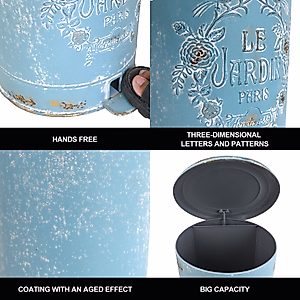 Z&Z ornamentorum Blue Trash Can 4.5 Gallon Retro Kitchen Trash Can with Lid and Pedal Round Touchless Garbage Cans with Flower and Bird Patterns Outdoor Trash Can for Kitchen Park Garden