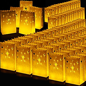 100 Pcs White Luminary Bags Christmas Luminaries Flame Resistant Candle Bags Reusable Paper Lantern Bags for Christmas Wedding Thanksgiving New Year Valentine's Day Diwali Party Decor (Star)