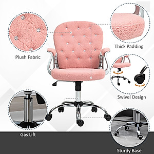Vinsetto Teddy Fleece Home Office Chair, Button Tufted Desk Chair with Padded Armrests, Adjustable Height and Swivel Wheels, Pink