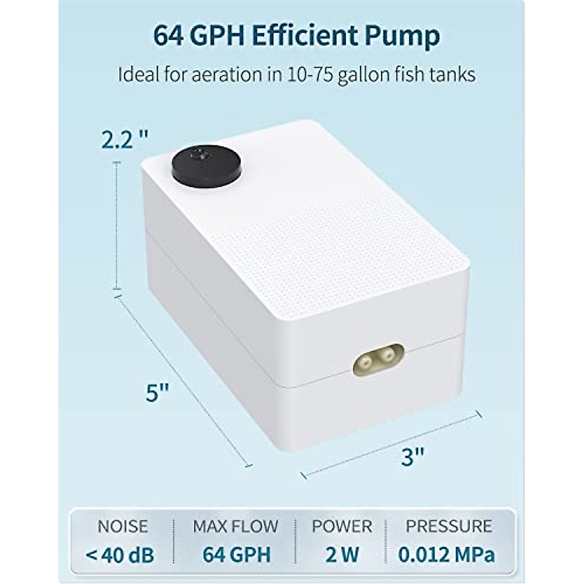 Pawfly 64 GPH Aquarium Air Pump with Dual Outlets Adjustable Quiet Oxygen Aerator Pump with Airline Tubing Air Stone Connector and Check Valve Accessories for Fish Tanks up to 75 Gallons