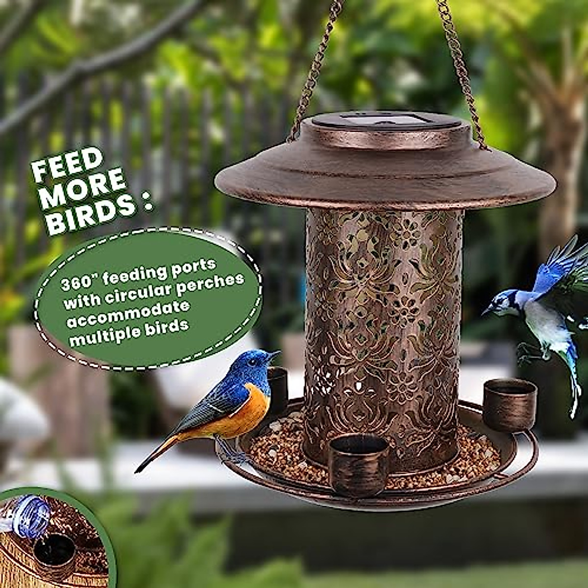 EHONBFLC Outdoor Hanging Solar Bird Feeder - Premium Metal Bird Feeder with Water Cup with S-Hook, gnaw-Proof, Weather and Water Resistant Wild Bird Feeder, a Gift for Bird Lovers. (Green)