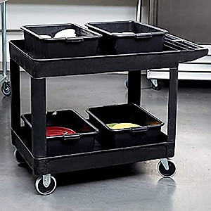 Rubbermaid Commercial Products 2-Shelf Utility/Service Cart, Medium, Lipped Shelves, Storage Handle, 500 lbs. Capacity, for Warehouse/Garage/Cleaning/Manufacturing (FG452089BLA) ,Black