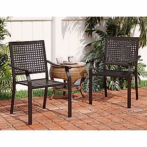 PHI VLLA Black Metal Patio Stacking Chairs Wave Back Indoor Outdoor Dining Set Wrought Iron Chair with Arm, Set of 2