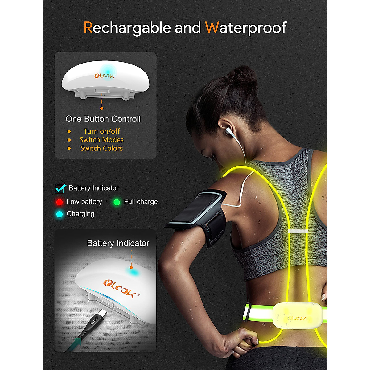 Olook High Visibility LED Light Up Vest with Running Light, 360° Reflective Safety Gear for Night Running, Cycling, Joggers, Rechargeable and Waterproof, L-Green(Patent Pending)