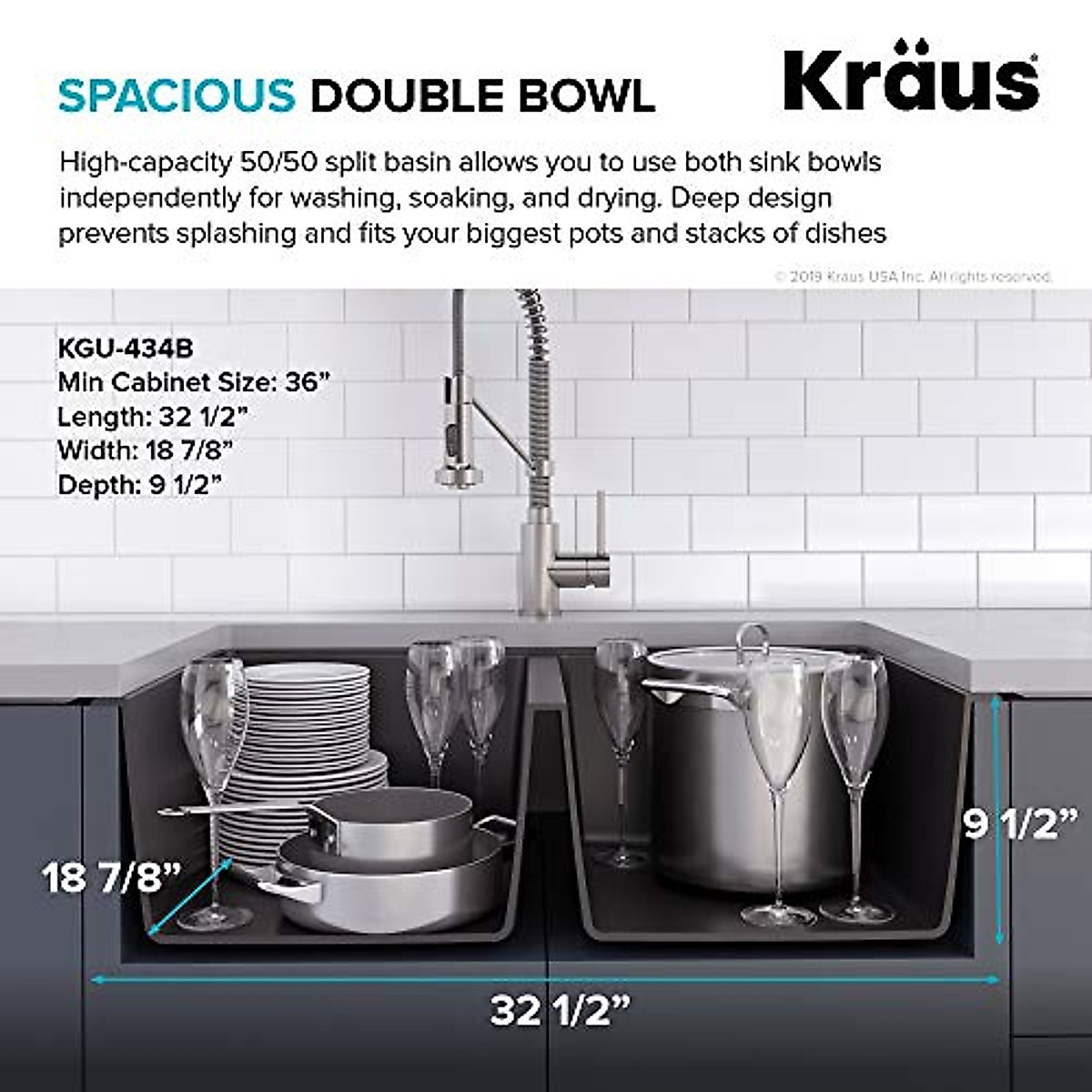 Kraus KGU-434B Undermount 50/50 Double Bowl Granite Kitchen Sink, 32.5-Inch, Black