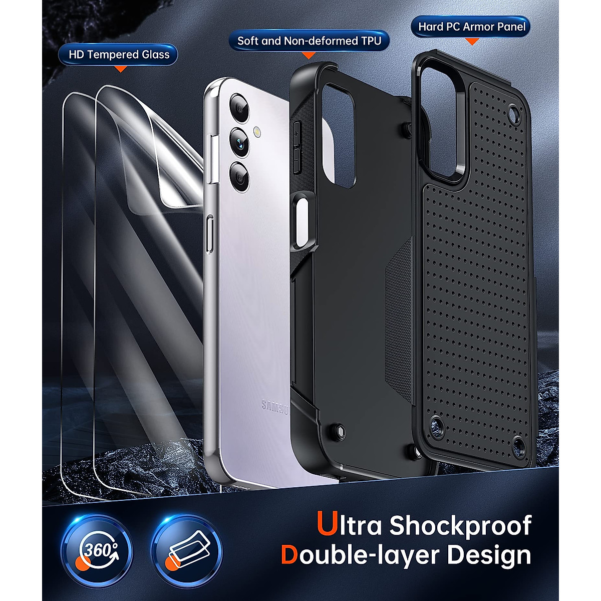 LeYi for Samsung Galaxy A14-5G Case: Samsung A14 Case with [2 Pack] Screen Protectors, Shockproof Dual Layer Protective Hard PC Textured Back & Soft Bumper Cell Case Cover for Galaxy A14 5G, Black