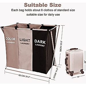 135L Laundry Cloth Hamper Sorter Basket Bin Foldable 3 Sections with Aluminum Frame 26''×24''H Washing Storage Dirty Clothes Bag for Bathroom Bedroom Home Storage basket(Brown+Grey+Black, 3 Liner)