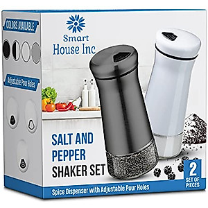 The Original Salt and Pepper Shakers set - Black & White - Spice Dispenser with Adjustable Pour Holes - Stainless Steel & Glass - Set of 2 Bottles