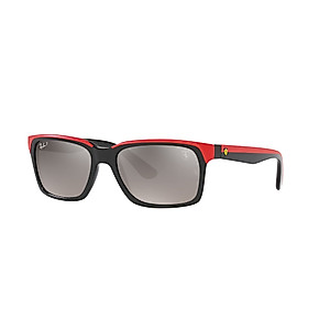 Ray-Ban RB4393M Scuderia Ferrari Collection Rectangular Sunglasses, Black on Rubber Red/Grey Mirrored Gradient Polarized, 56 mm